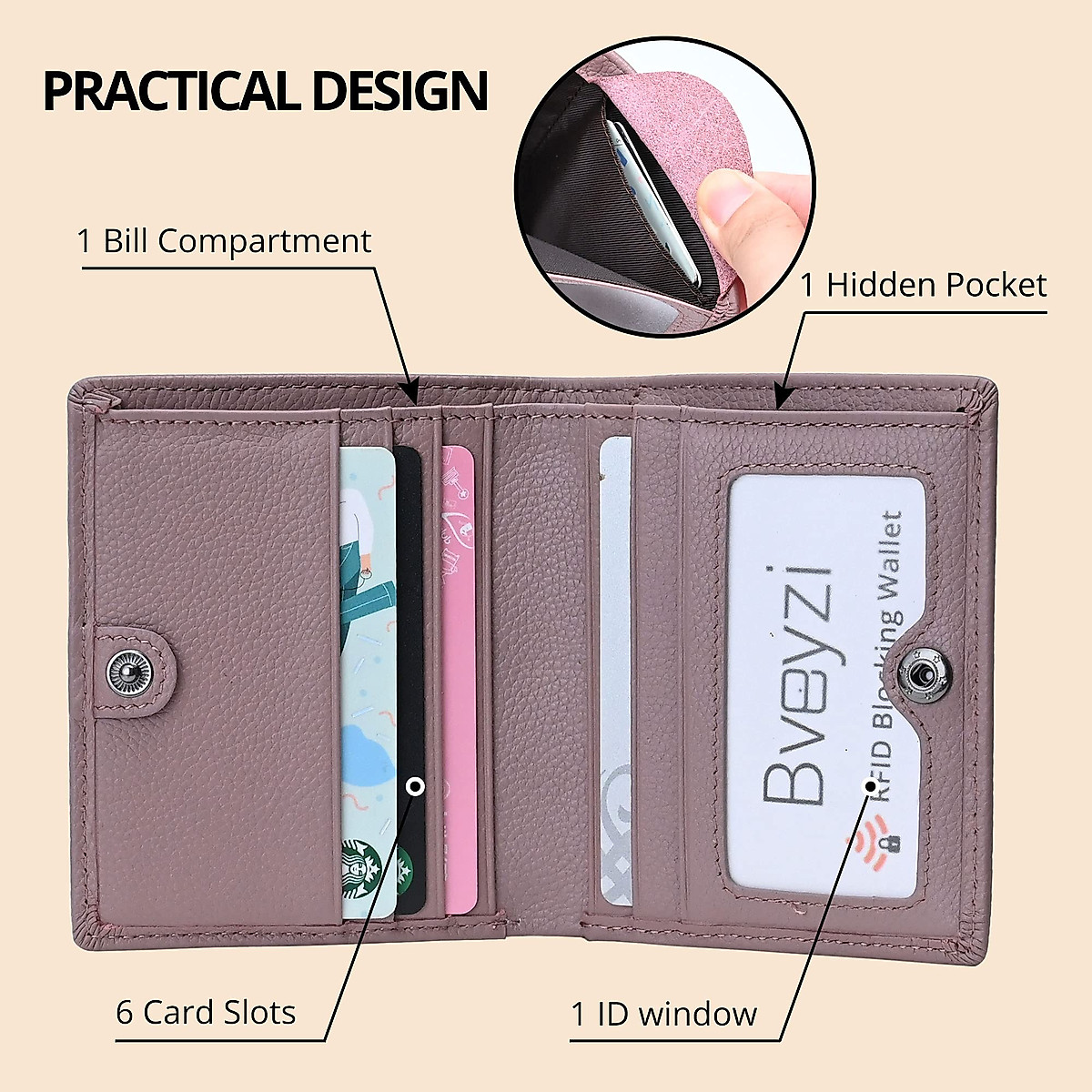 Bveyzi Ultra Slim Small Leather Women Wallet Rfid Blocking Tiny Thin Bifold Pocket Ladies Purse(Dark Pink)