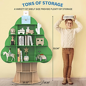Tree Kids Bookshelf, Toddler Wood Bookcase, 16-Cubby Children Toy Storage Organizer Book Shelf for Kids Rooms, Nursery, Bedroom, Living Room, Classroom, Boy Girl’s Gift (Green Tree)