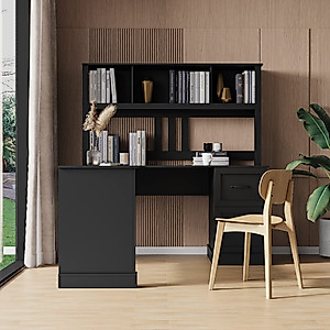 Holaki L Shaped Desk,Computer Desk with Drawers,Bookshelf & Hutch,Modern Corner Desk,Home Office Desk,L-Shaped Study Table Writing Desk,Corner Gaming Computer Desk with Storage(Black)