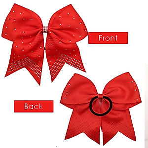 Large Cheer Hair bows with Rhinestones,Cheerleading Bow with Ponytail Holder Elastic Band for Cheerleaders Teen Girls College Sports (Red)