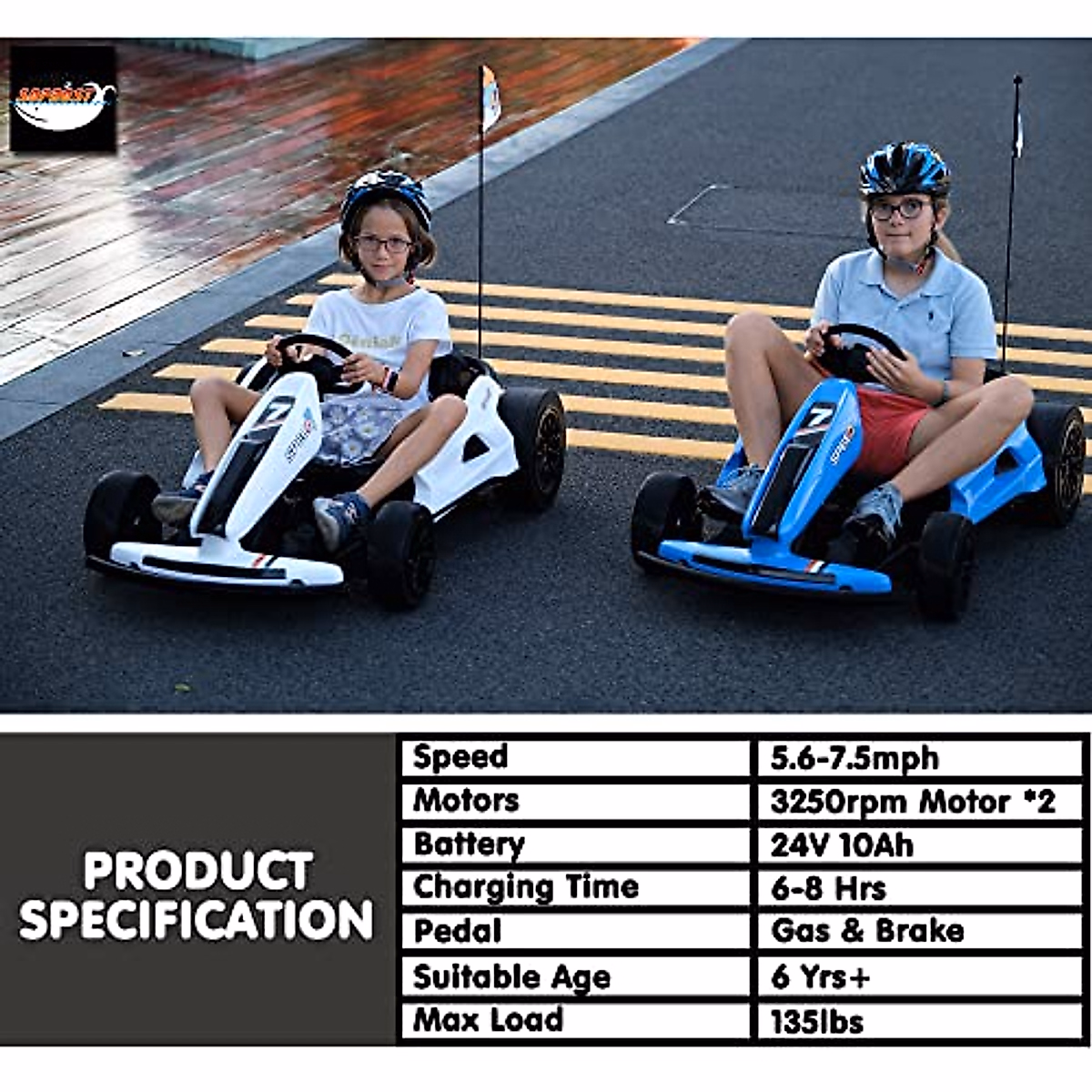 sopbost 24V Electric Drift Kart 7.5MPH High Speed Go Kart for Kids Aged 6+ Battery Powered Ride On Car Toy 2WD Motorized Go Carts Drifting Vehicle, Music Play, Red