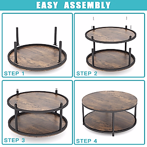 NSdirect 36 inches Round Coffee Table, Rustic Wooden Surface Top & Sturdy Metal Legs Industrial Sofa Table for Living Room Modern Design Home Furniture with Storage Open Shelf (Brown)