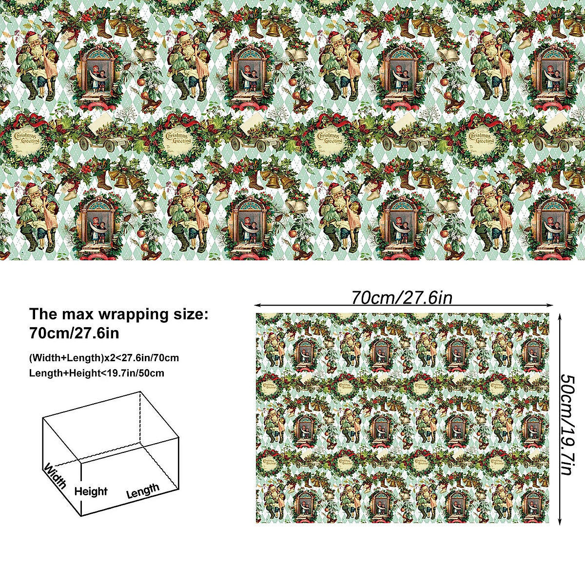 Vnaaem Vintage Christmas Wrapping Paper Retro Santa Claus Balloon Bell Gift Wrap Paper Bulk Xmas Folded Flat for Christmas Holiday Party Celebration - 20 X 28Inches Per Sheet(8 Pack)