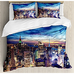 Ambesonne City Duvet Cover Set, Skyscrapers of Midtown Manhattan New York Aerial View at Night Time Scenario, Decorative 3 Piece Bedding Set with 2 Pillow Shams, Queen Size, Navy Blue Aqua Tan