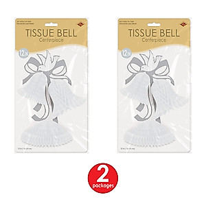 Beistle 2 Piece Honeycomb Tissue Bell Centerpieces for Wedding Decorations, Bridal Shower Décor, Anniversary Party Supplies, 12", White/Silver