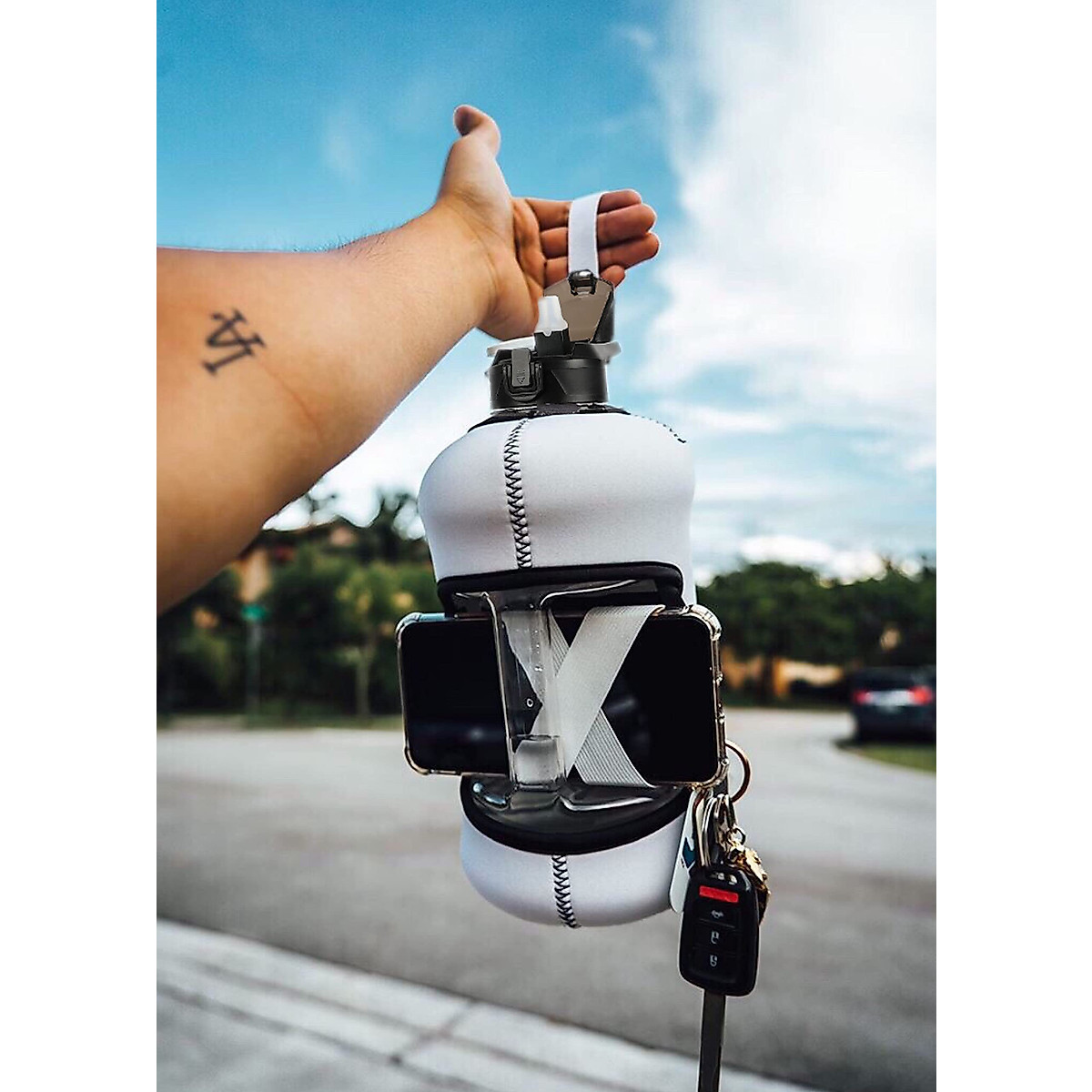 H2O Capsule 2.2L Half Gallon Water Bottle with Storage Sleeve and Covered Straw Lid – BPA Free Large Reusable Drink Container with Handle - Big Sports Jug, 2.2 Liter (74 Ounce) Canvas White