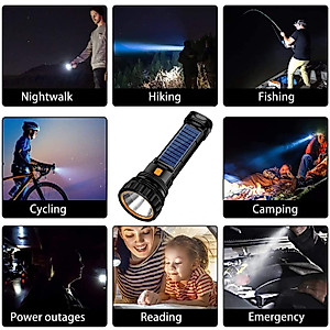 E-SHIDAI Solar/Rechargeable Multi Function 1000 Lumens LED Flashlight, with Emergency Strobe Light and 1200 Mah Battery, Emergency Power Supply and USB Charging Cable, Fast Charging (1PC)