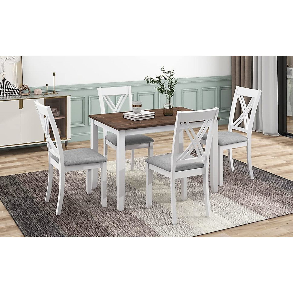 Kisyapoo Rustic Minimalist 5-Piece Dining Table Set with 4 X-Back Upholstered Chairs, Solid Wood Rectangular Table for Kitchen Living Room, Dining Set for 4 Persons (White)