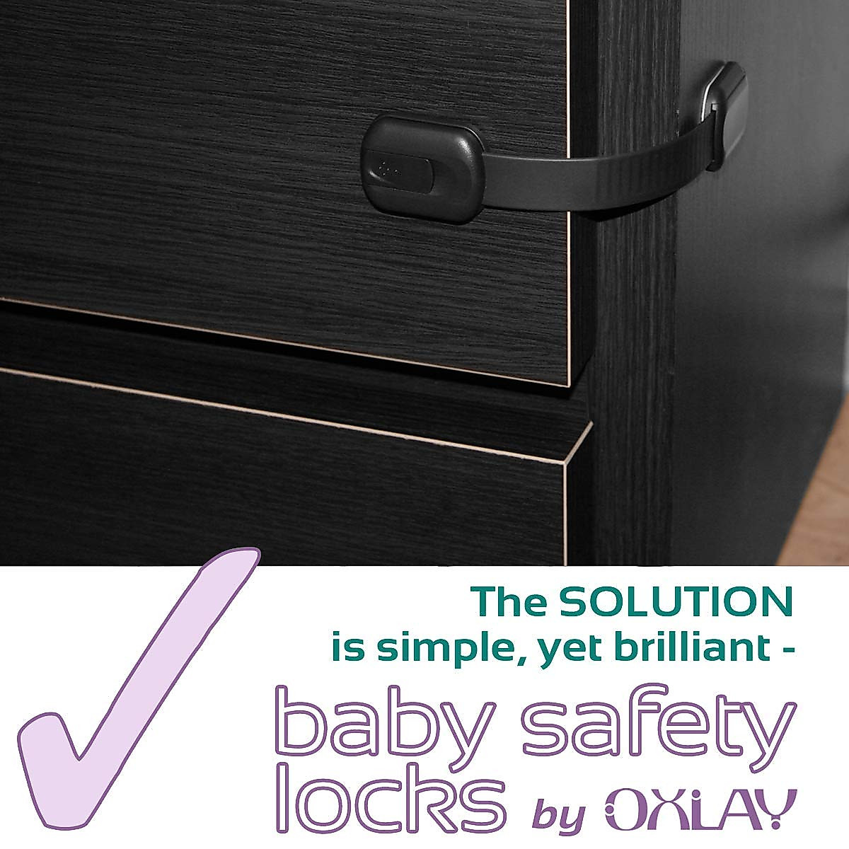 Baby Proofing Safety Cabinet Locks - Child Proof Latches for Dresser Drawer Cupboard Doors Closet Oven Refrigerator Fridge - Adjustable Childproof Straps by Oxlay - Black - 6 Pcs