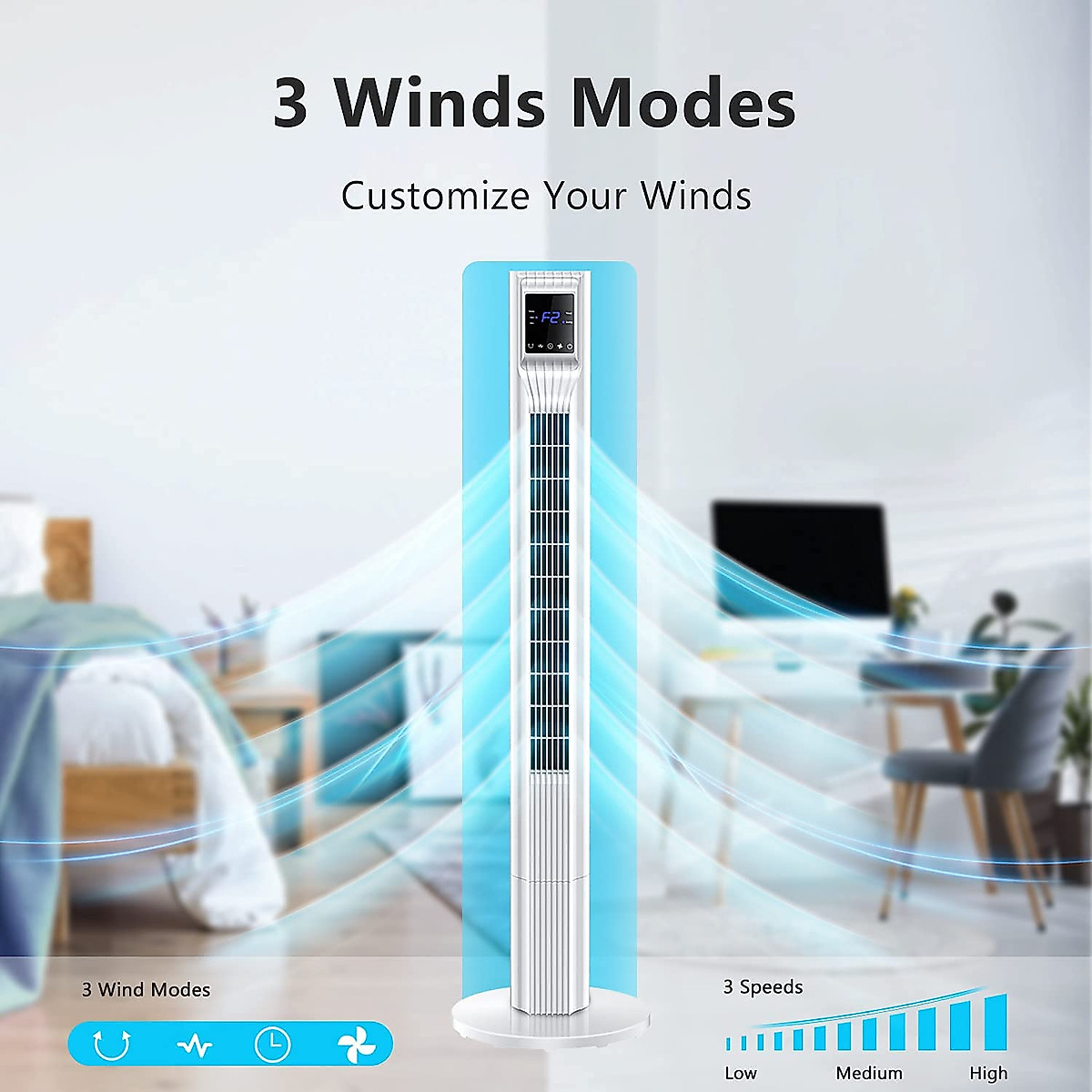 Tower Fan - 44’’ Oscillating Tower Fan with Remote Control, Quiet Bladeless Cooling Fan with 3 Modes, LED Display Stand Up Fan with 7.5h Timer, Indoor Standing Fan for Bedroom/Home Office Use