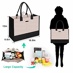 Aricsen Large Canvas Shopping Tote Bag with Handles for Women Gift Grocery Beach Holidays, Reusable Blank Clearance Eco Burlap Cloth Jute Fabric Handbag for Kitchen, Black & Gray