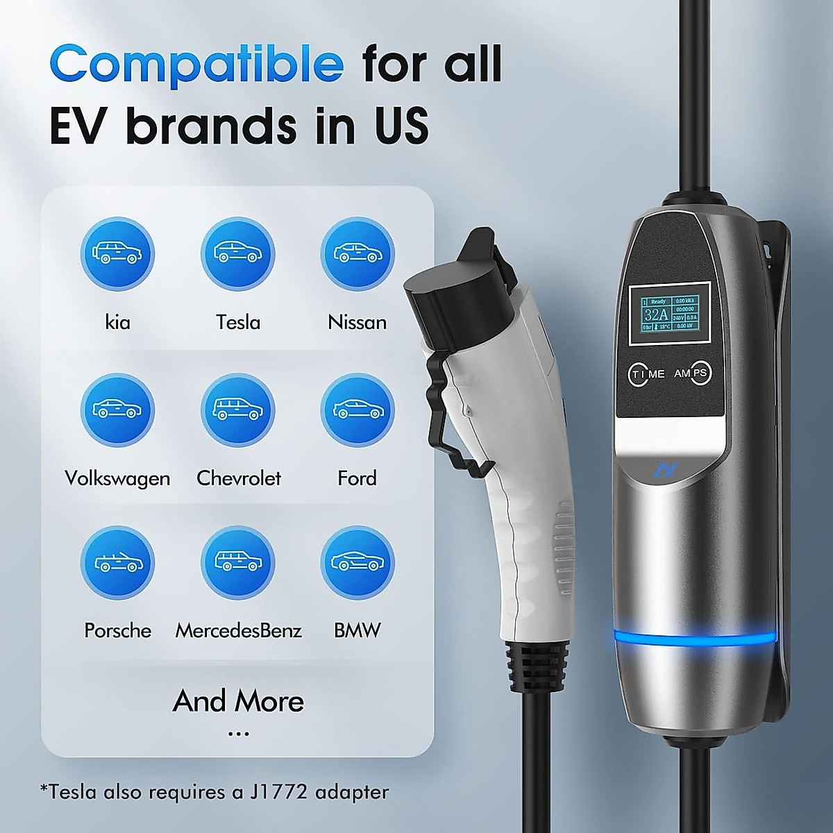 KHONS Level 2 EV Charger, Up to 32 Amp, 15.5ft Cable, Portable Electric Vehicle Charger, NEMA 14-50 Plug, Compatible with J1772 Electric Cars (G1S)