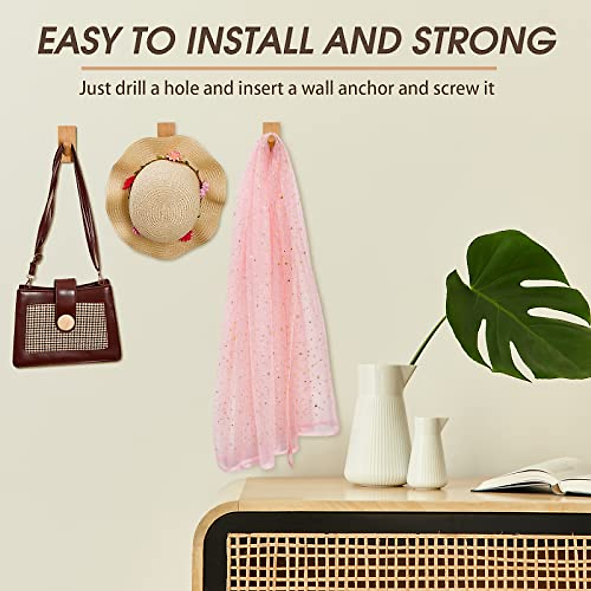 8 Pieces Wood Wall Hooks Hat Rack Decorative Wooden Coat Hooks Wall Mounted Heavy Duty Beech Coat Hangers for Wall Single Adhesive Backpack Hanger for Bathroom Hanging Hat Towel Key, Rectangle, 30lbs