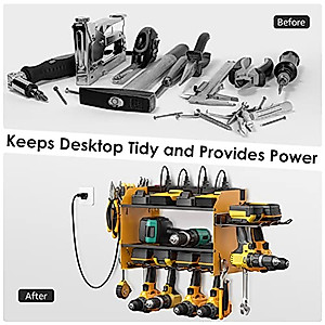 CCCEI Modular Power Tool Organizer Wall Mount Charging Station, Yellow 6 Drills Holder with 8 Plug Power Strip, Garage Drill Battery Heavy Duty Metal Shelf, Utility Rack with Hooks, Side Storage.