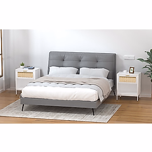 Anmytek White Nightstand with Rattan Decor Drawer, Mid Century Modern End Table with Open Storage, Farmhouse Night Stand, Small Side Table for Bedroom