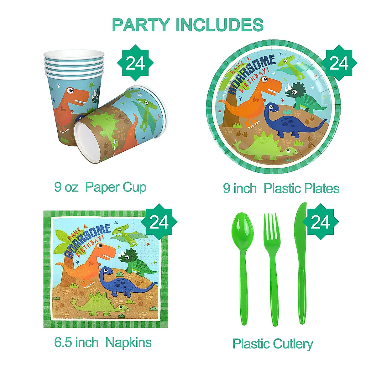GOOCHOO 144 Pack Dinosaur Party Supplies Sets Severs 24 Person Including Plates Napkins Cups and Cutlery for Birthday Party