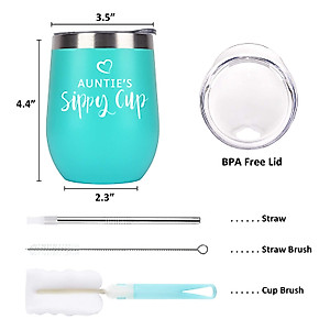 Gifts for Aunt Auntie's Sippy Cup Wine Tumbler with Lid, Birthday Mothers Day Gifts for Aunts New Aunt Gift from Niece Nephew, Funny Insulated Stainless Steel Stemless Tumbler with Straw (12 Oz, Mint)