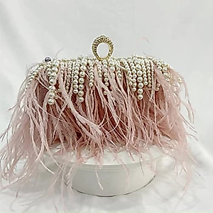Natural Ostrich Feather Purse, Evening Clutch Purses For Women, Vintage Feather Clutch With Pearl Decor Beige