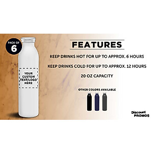 DISCOUNT PROMOS Custom Posh Stainless Steel Water Bottles 20 oz. Set of 6, Personalized Bulk Pack - Double Wall, Perfect for Coffee, Soda, Other Hot & Cold Beverages - White