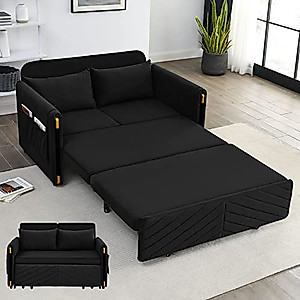 KIVENJAJA Convertible Sleeper Sofa Bed, Modern Velvet Loveseat Couch with Pull Out Bed, Small Love Seat Futon Sofa Bed with Headboard, 2 Pillows & Side Pockets for Living Room, 54” (Black)