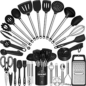 Kitchen Utensils Set-Umite Chef 34 Pcs Silicone Cooking Utensils Set for Nonstick Cookware-Silicone Spatulas Set, Stainless Steel Handle-Black Kitchen Gadgets Tools, Pots and Pans Accessories
