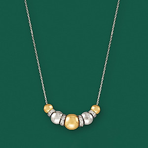 Ross-Simons Sterling Silver and 14kt Yellow Gold Bead Necklace With .35 ct. t.w. Diamonds. 16 inches