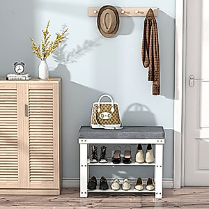 Domax White Shoe Rack Bench for Entryway - Bench with Shoe Storage Front Door Shoe Bench with Cushion Upholstered Padded Seat 3 Tier Bamboo Shoe Holder for Indoor Entrance Hallway Bedroom Living Room