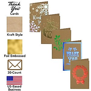 Iconikal Kraft Christmas Thank You Note Cards with Envelopes, Foil Embellished, 30-Count