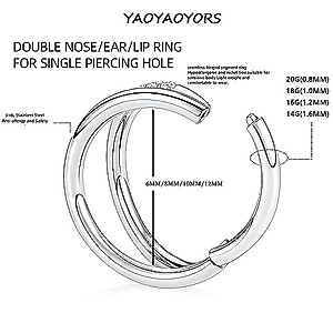 Yaoyaoyors 14G(1.6MM) Silver 10mm Hinged Nose Ring Hoop Double Open Ring Diamonds Septum Piercing Jewelry Cartilage Earrings Stainless Steel Helix Daith Lip Ring with Shiny Clear CZ