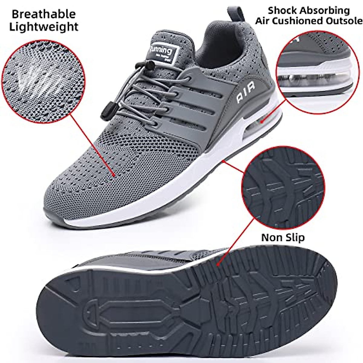 BOGOVER Men's Walking Shoes Non Slip Running Tennis Shoes Breathable Lightweight Air Cushion Sneakers for Tennis Gym Jogging(Dark Grey,8)