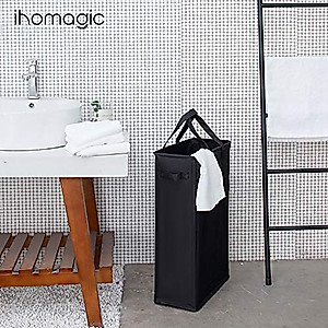 IHOMAGIC 45L Laundry Hamper, Slim Portable Laundry Washing Basket with Long Handles, Rectangular Thin Tall Laundry Bins Foldable Waterproof Oxford Fabric, Dirty Clothes Organizer for Bedroom (Black)