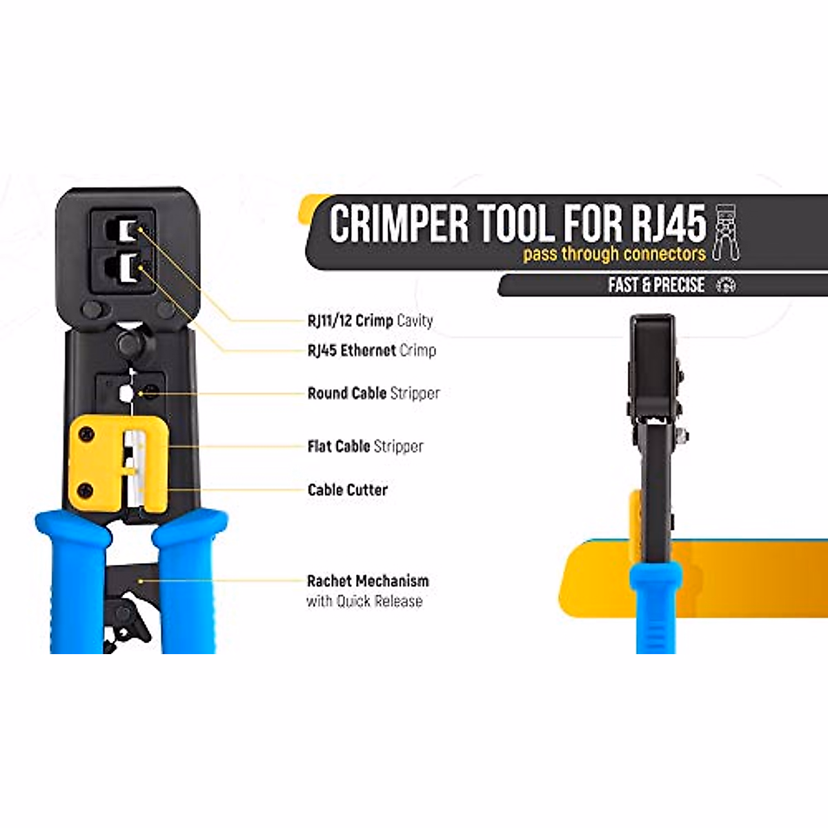 EMS RJ45 Crimp Tool Kit, With 50 Cat6 Pass Through Connectors and 50 Clear Cable Strain Relief Boots + Extra blades - EZ Cut, Strip, Crimp Ethernet Cables