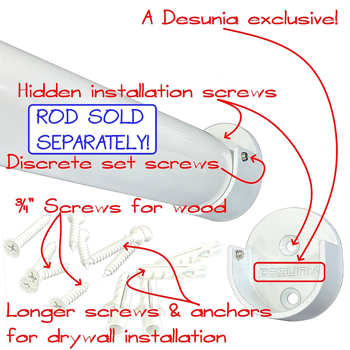 Desunia Closet Rod Support Flanges with Screw On Attachment | Heavy Duty Clothes Pole End Sockets for Wardrobes | Gloss White | 2 Pack