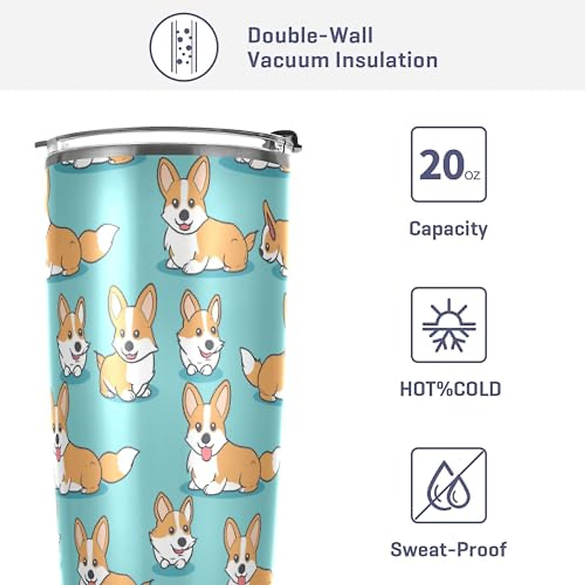 HXshaoye naughty animal corgis dogs Stainless Steel straw, vacuum insulated water bottle with Straw Leak Resistant Flip insulated coffee mug with lid for hot and cold drinks simple tumblers with lids
