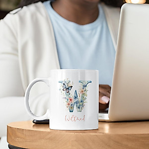 Personalized Colorful Flower Butterfly Initial Letter Ceramic Mug, Custom Name & Initial Letter W Monogrammed Alphabet Coffee Cups, Perfect Monogrammed Mugs Presents, Name Tea Cups