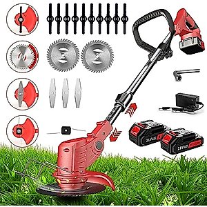 Weed Wacker Battery Operated 21V 3000mAh, 3-in-1 Weedeaters Cordless Brush Cutter Edger Lawn String Trimmer, with 4 Types Blades, 2 Batteries, 1 Charger (Red)