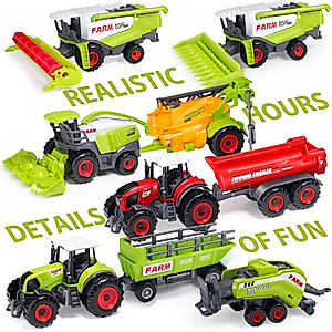 Oriate Farm Tractor Set 34 Piece Die Cast Vehicle Value Playset, Large Size 4.8" Tractors Toy Kids Birthday Gift, Farm Play Mat Tractors Animals Trailer Toys, Farm Equipment Accessories