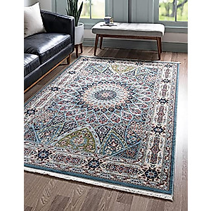 Unique Loom Narenj Collection Classic Traditional Textured Medallion Pattern Design Area Rug, 8 ft x 10 ft, Blue/Tan