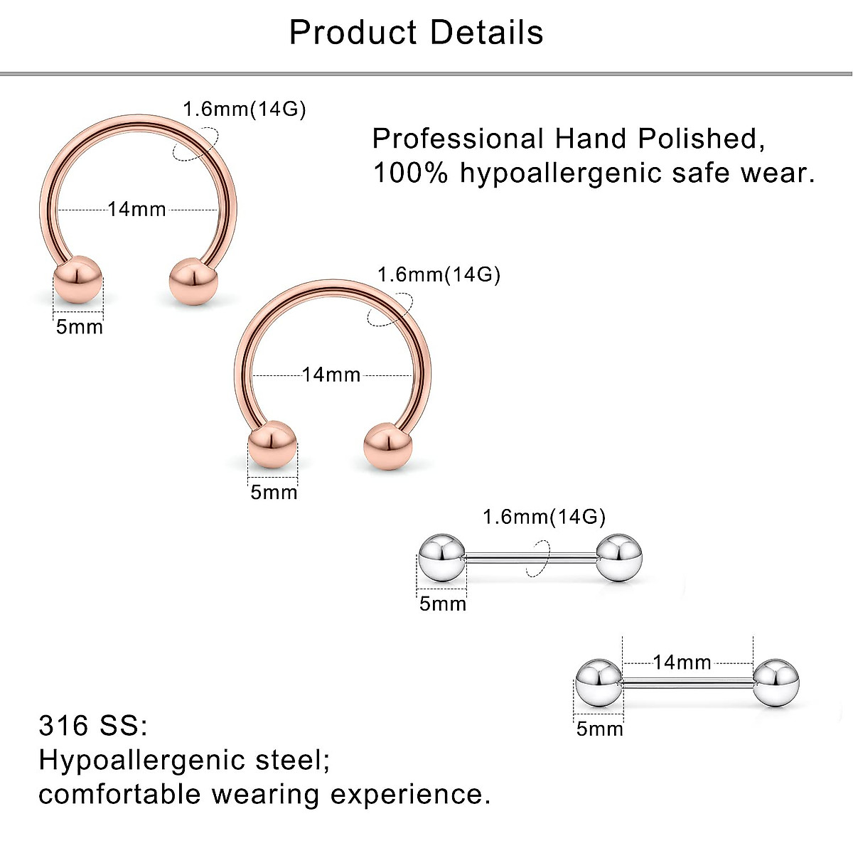 Lcolyoli 14G Nipple Rings Surgical Steel Nipple Piercing Jewelry Set Horseshoe Barbell & Captive Bead Rings Nipple Hoop Nipple Barbell Bars for Women