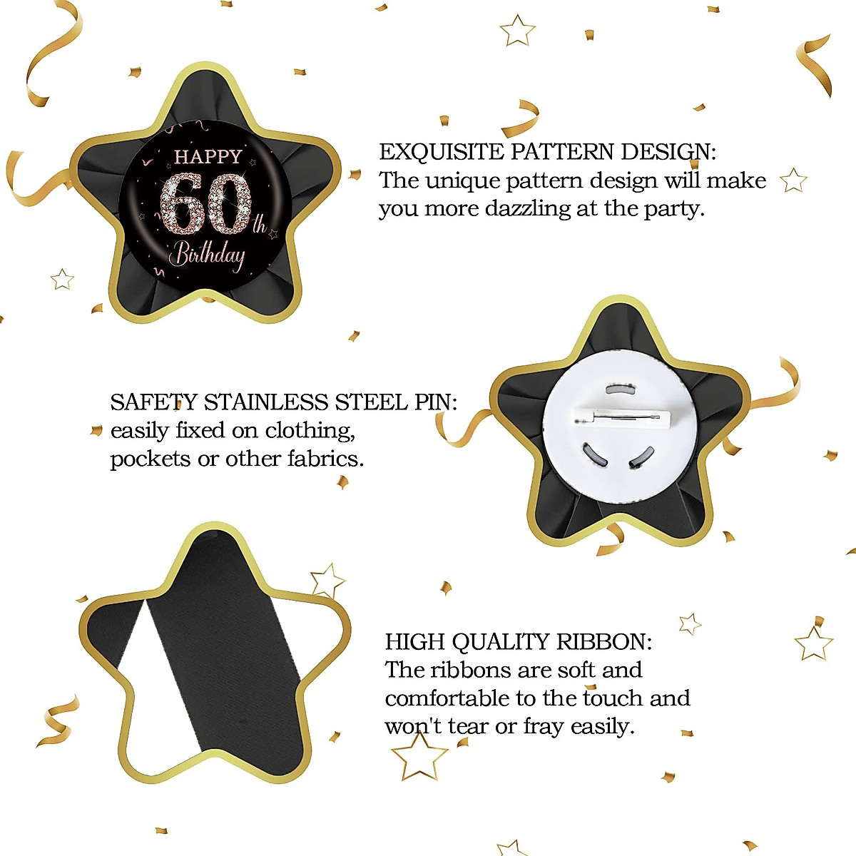 Black Happy 60th Birthday Tinplate Badge Pin, Black Rosette It's My 60th Birthday Button, Diamond 60th Birthday Award Badge Pin, Sixty Years Old Birthday Party Decorations