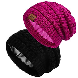 2 Pack Satin Lined Knitted Beanie Hats for Women Winter Warm Stretch Slouch Cable Beanie with Satin Silk Lining Black+Rose