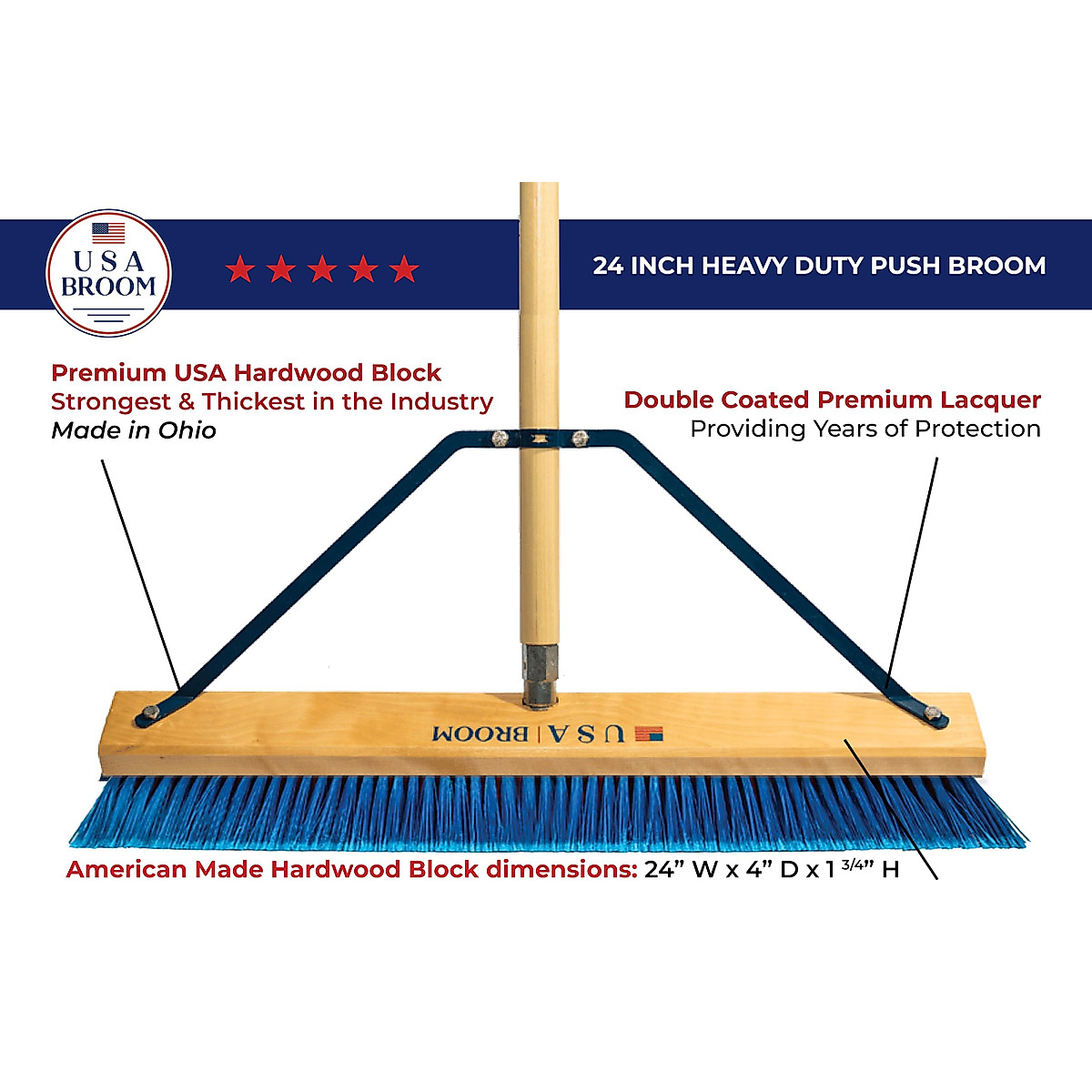 USA Broom 24" Heavy Duty Indoor/Outdoor Push Broom with 60" Handle. Ideal for Garages & Shops. Durable American Made Steel Brackets-All Stainless Steel Hardware. No Plastic. 100% Made in The USA.