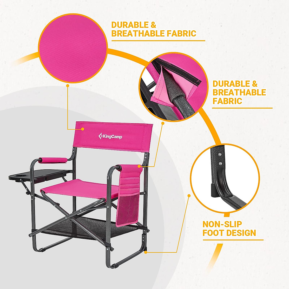 KingCamp Directors Side Table Heavy Duty Support 300LBS Adults with Pockets Outdoor Portable Folding Camp Chair for Beach, Fishing,Trip,Picnic,Lawn,Concert, Oversized, 1-Pink