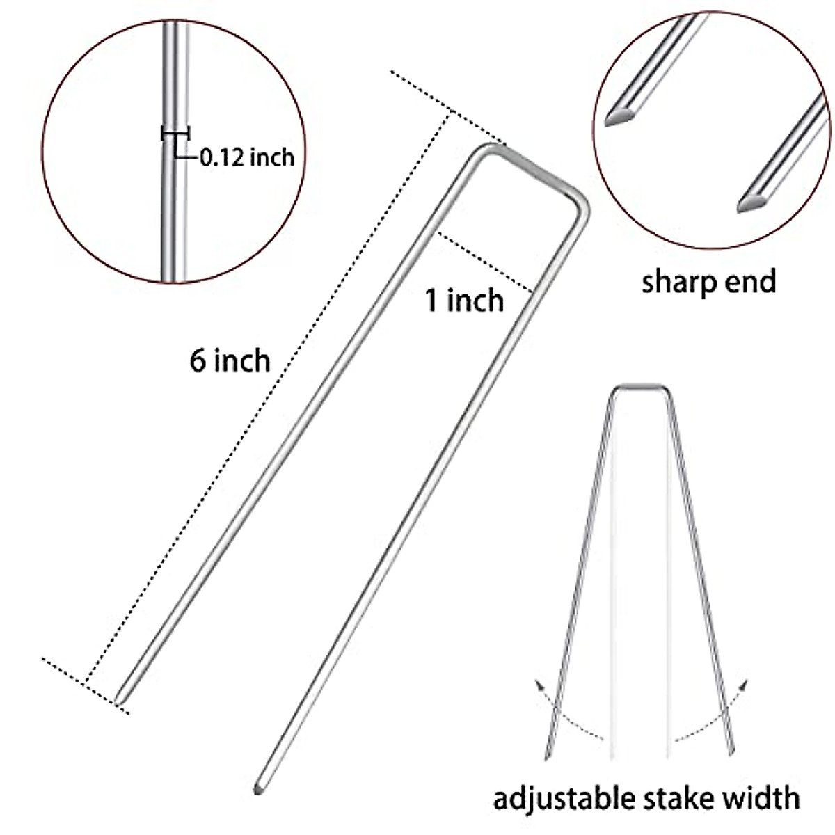 Garden Stakes 100 Pack 6 Inch Galvanized Landscape Staples, U-Shape Turf Staples Heavy Duty Galvanized Lawn Pins for Anchoring Weed Barrier Fabric, Ground Cover, Dog Fence, Tents Tarps