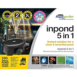Pennington Aquagarden , Inpond 5 in 1, Pond & Water Pump, Filter, UV Clarifier, LED Spotlight and Fountain , All in One solution for a Clean, Clear and Beautiful pond , For Ponds up to 200 Gallons