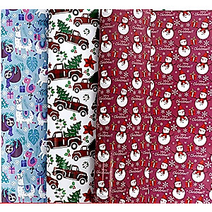 U'COVER Christmas Gift Wrapping Paper Large Sheet for Kids Boys Girls Baby Women Men Xmas Wrapping Paper 3Style Christmas Sloth Llama Santa Snowman Tree Truck Car Gift Wrap Paper (27*39.4inch 22sq.ft.)