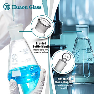 HUAOU 250ml Glass Erlenmeyer Flask Set, 3pcs Laboratory Glassware Flask with Glass Stopper for Chemistry Classroom Home Use, 3.3 Borosilicate Labware Science Flask, Narrow Mouth, Printed Graduation