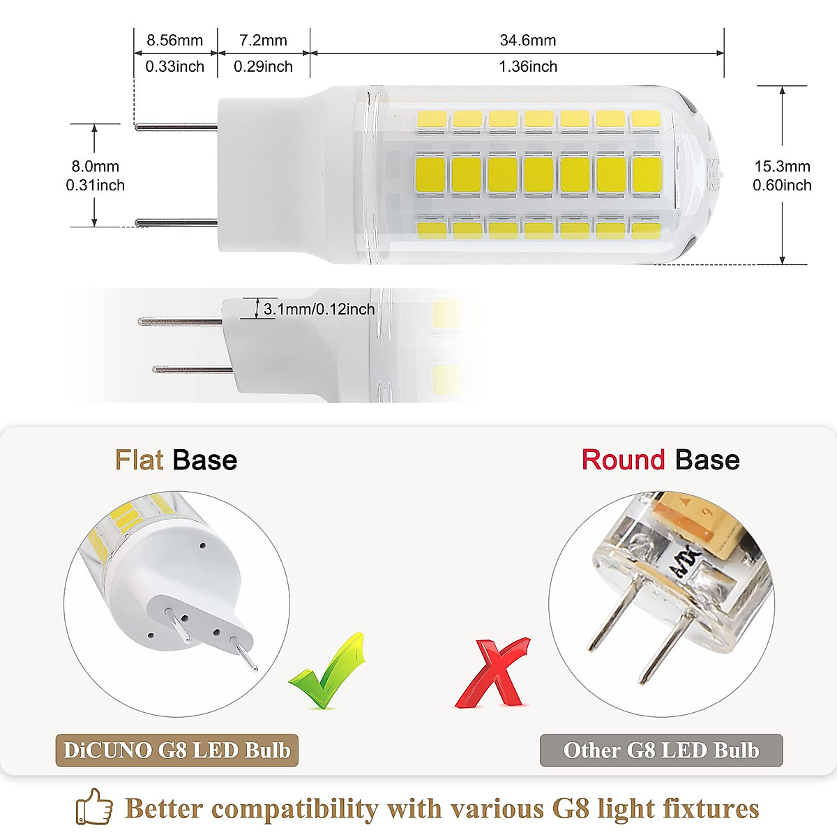 DiCUNO G8 LED Bulb 4W Flat Base, 40W Halogen Equivalent, 450LM, Daylight White 5000K, Non-dimmable Bi-Pin Replacement Bulb for Under Counter, Under-Cabinet Light and Puck Light, 6-Pack