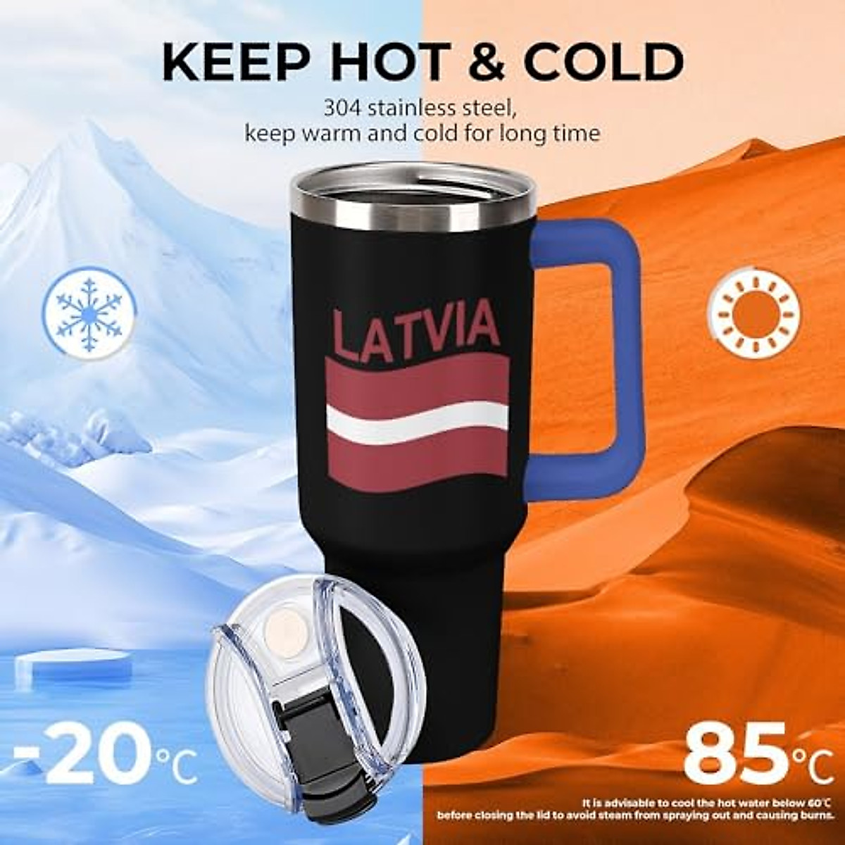 Flag of Latvia 40oz Water Bottle Double Wall Insulated Tumbler with Handle Leakproof Travel Mug Deep Blue-style