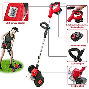 Weed Wacker Electric Cordless Grass Trimmer, 3-in-1 Lightweight Push Weed Eater & Edger Lawn Tool, 21V Brush Cutter Battery Powered, Lightweight Wheeled No String Trimmer for Garden&Yard